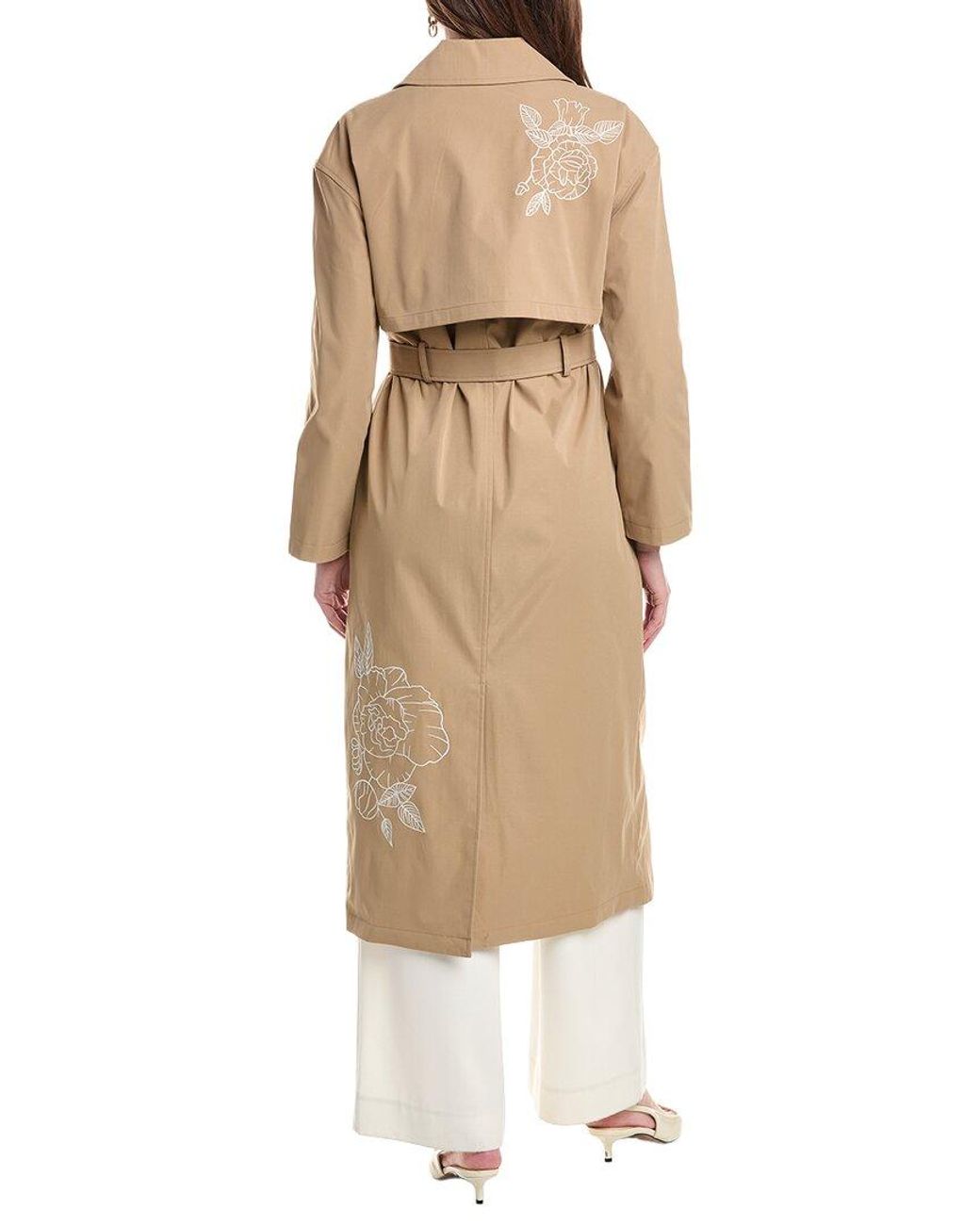 NVLT Longline Embroidered Double-Breasted Belted Trench Coat in Natural ...