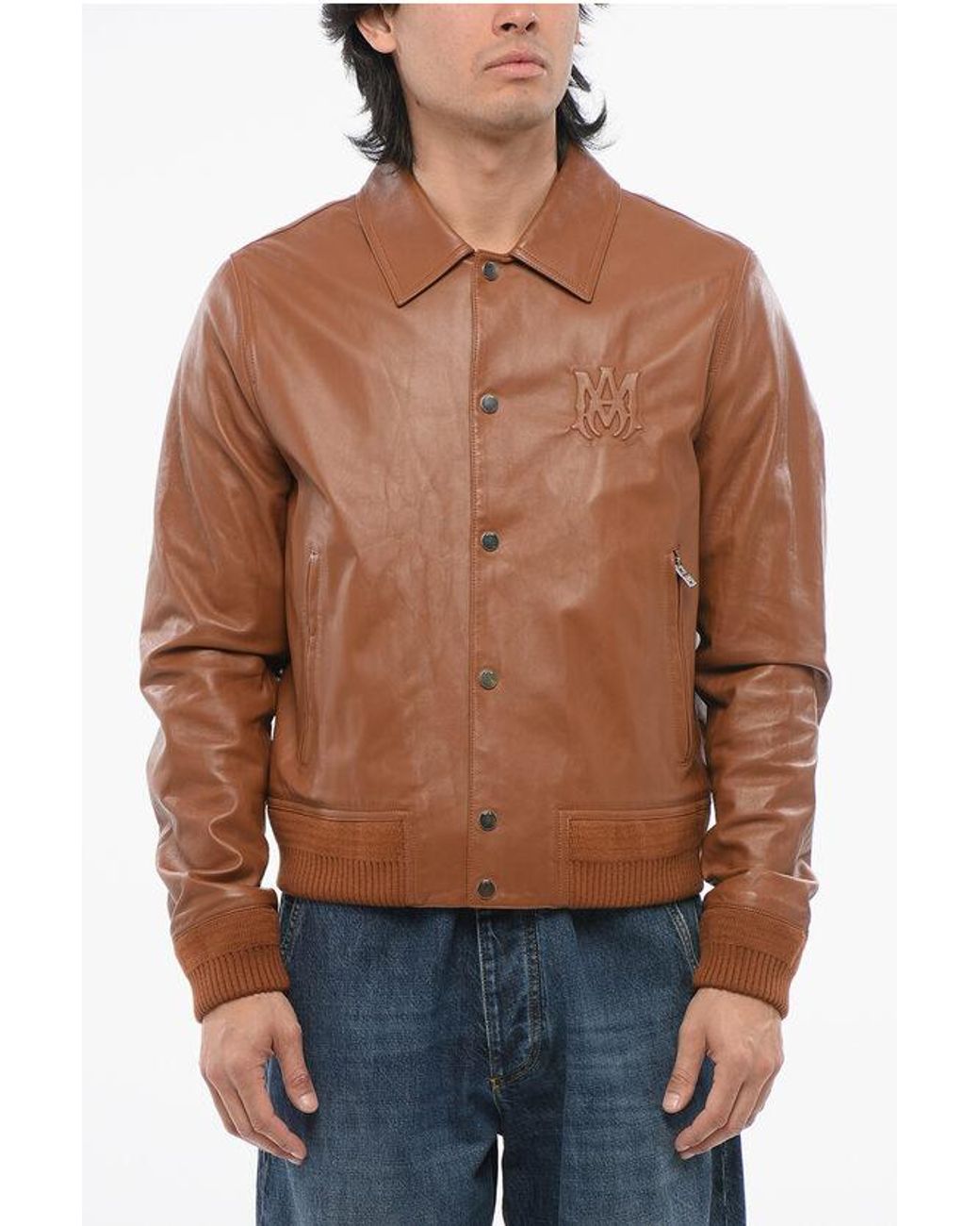 Amiri Leather Bomber Jacket With Embossed Logo in Blue for Men | Lyst UK