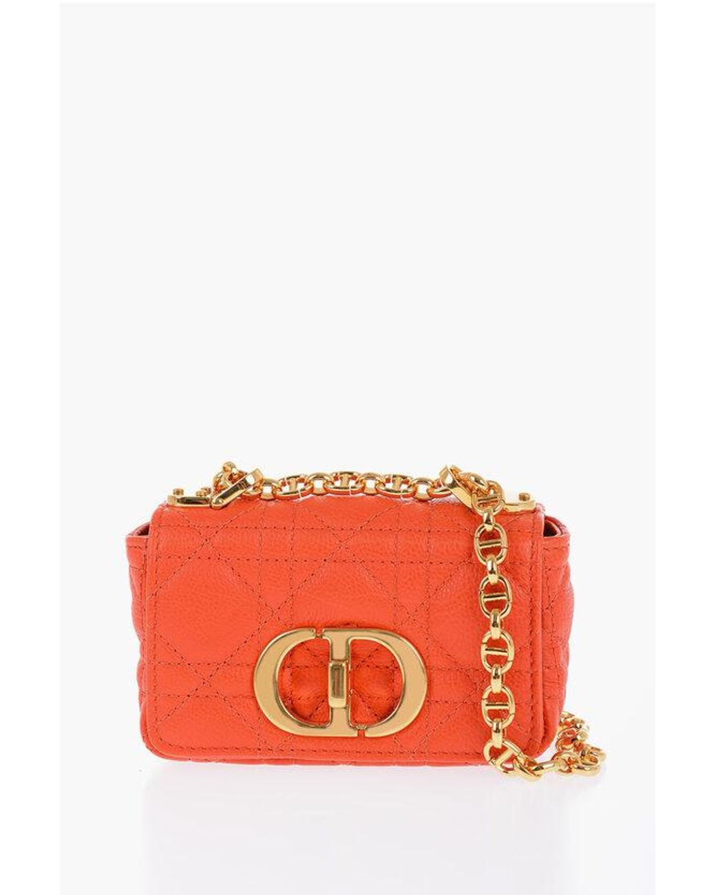 Dior Quilted Leather Caro Mini Bag With Golden-Monogram in Orange | Lyst UK