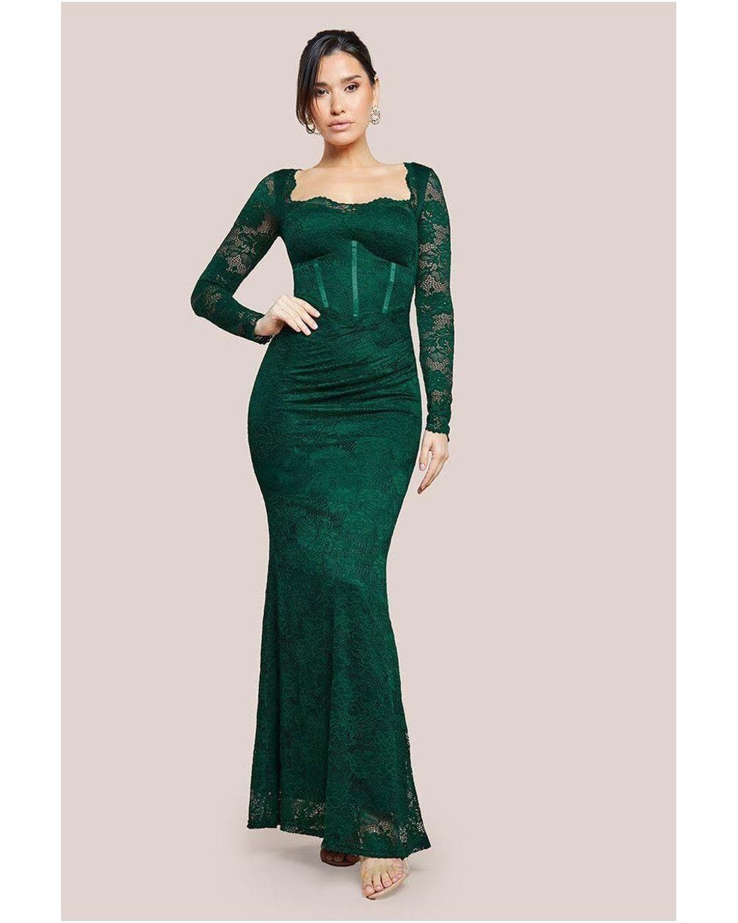 Goddiva Scalloped Lace Corset Bodice Maxi Dress in Green | Lyst