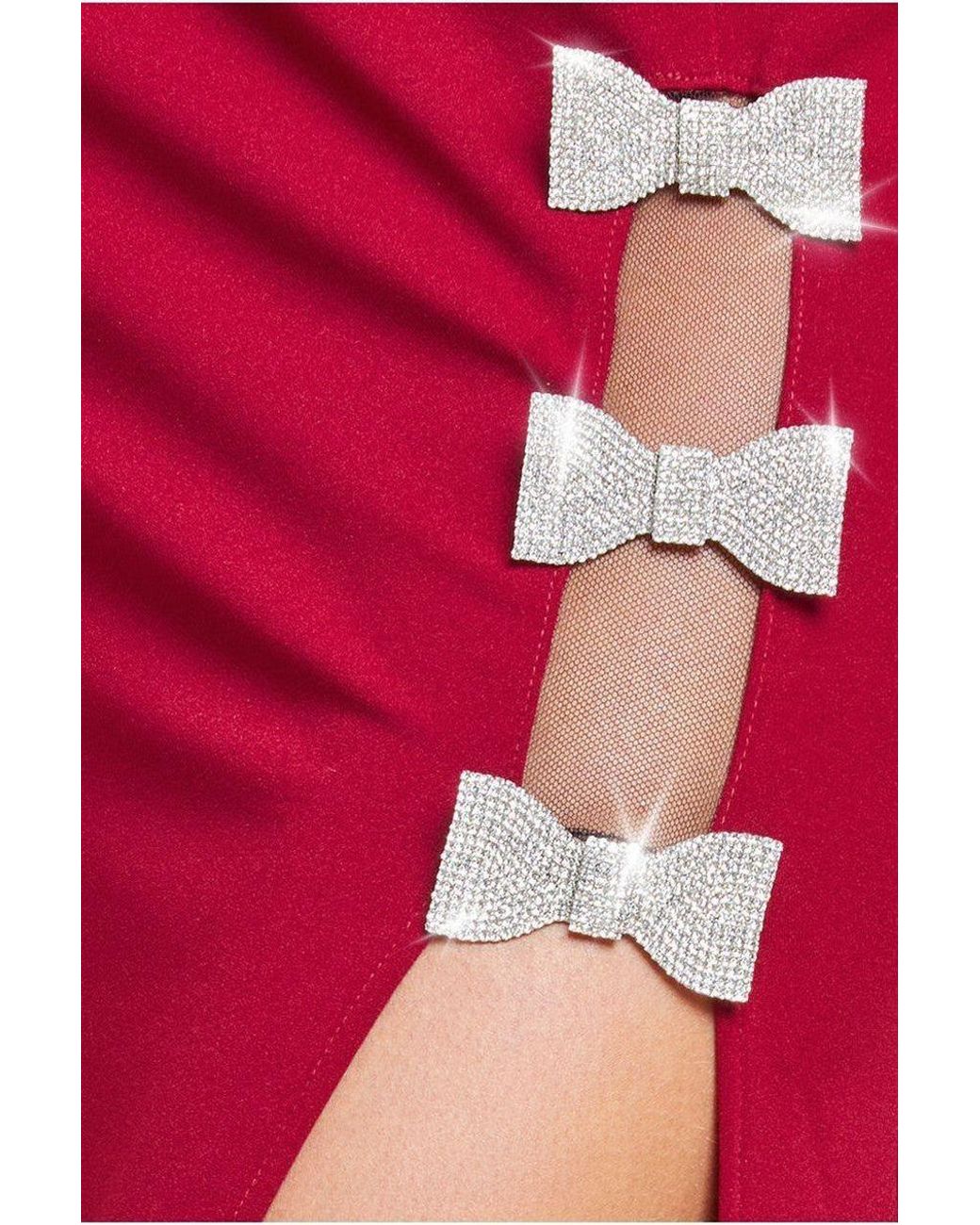 Goddiva Diamante Brooch Thigh Split Mermaid Maxi Dress in Red | Lyst