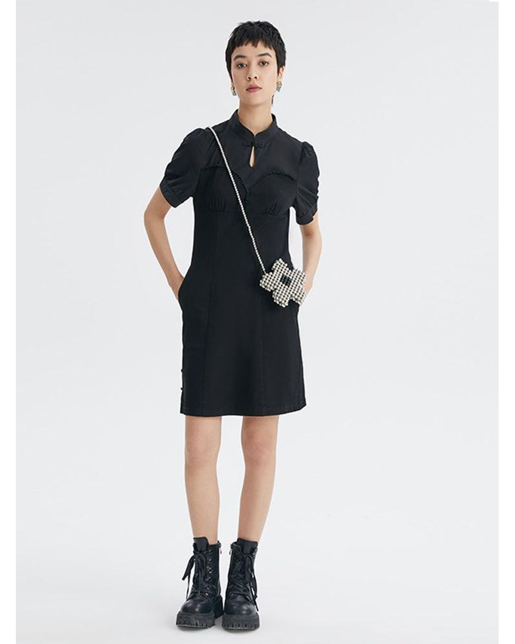 GOELIA Denim Cheongsam Qipao Mini Dress in Black | Lyst