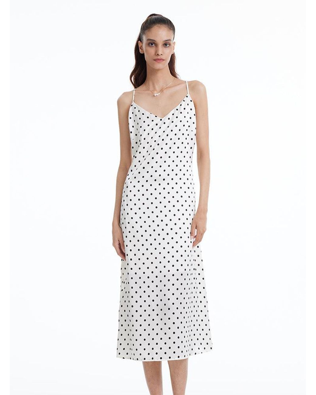 GOELIA Polka Dots Spaghetti Strap Slip Maxi Dress in White | Lyst