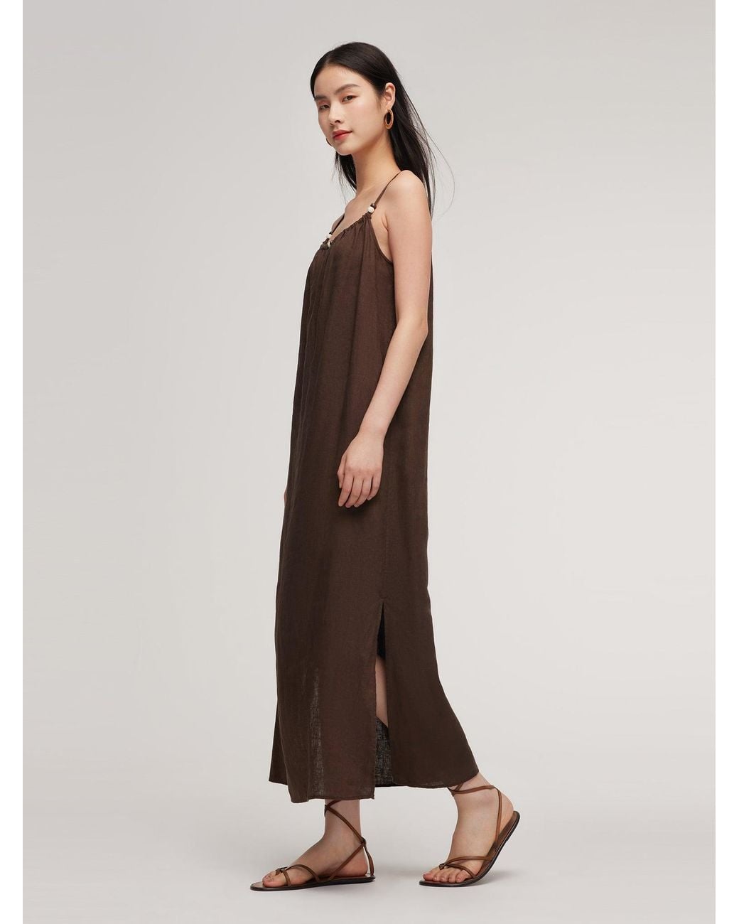 GOELIA 100% Linen Strap Maxi Dress With Tie String Belt in Natural | Lyst