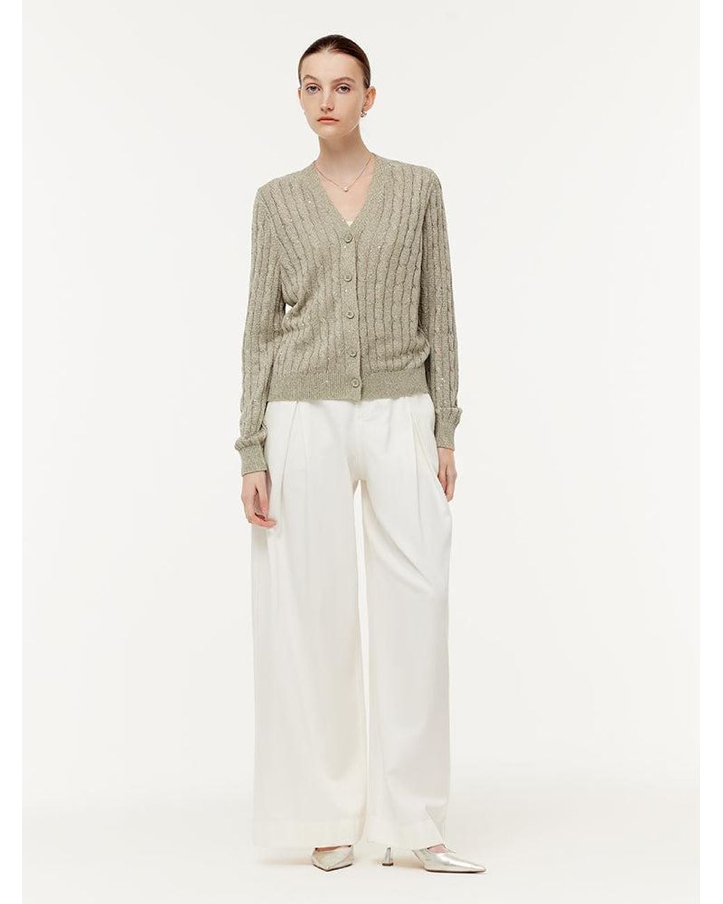 GOELIA Linen Sequins Openwork Knit Cardigan in Natural | Lyst