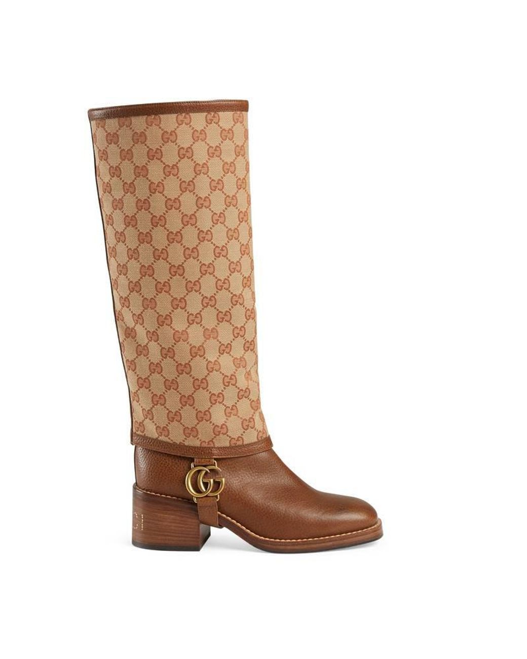 Gucci Leather Boot With GG Gaiter in Natural | Lyst