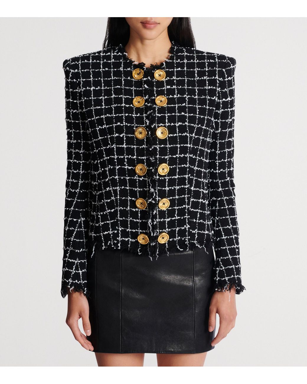 Balmain Cropped Tweed Jacket in Black | Lyst UK