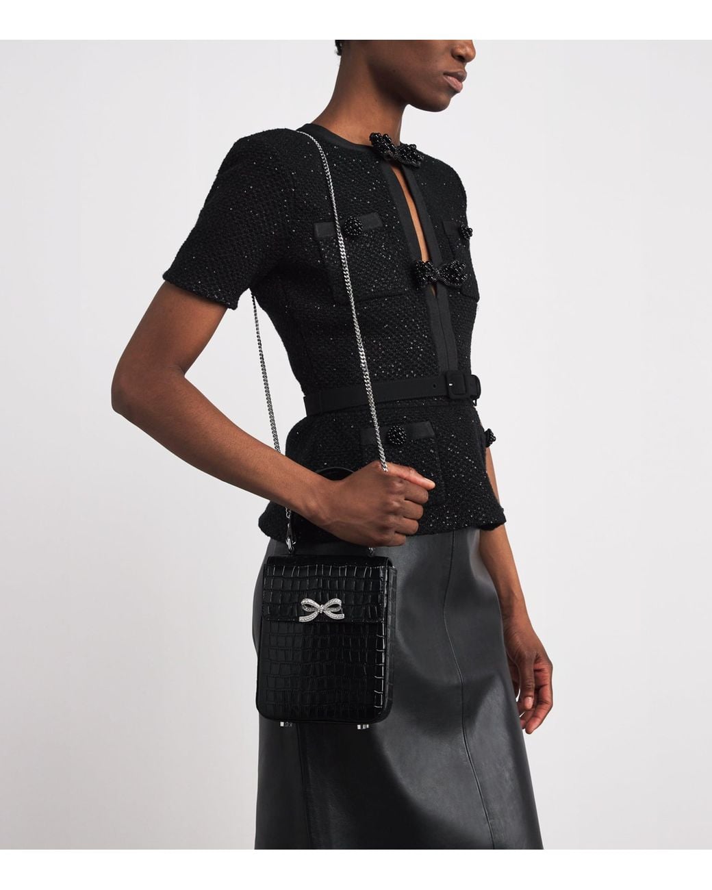 Self-Portrait Mini Croc-Embossed Leather Top-Handle Bag in Black | Lyst