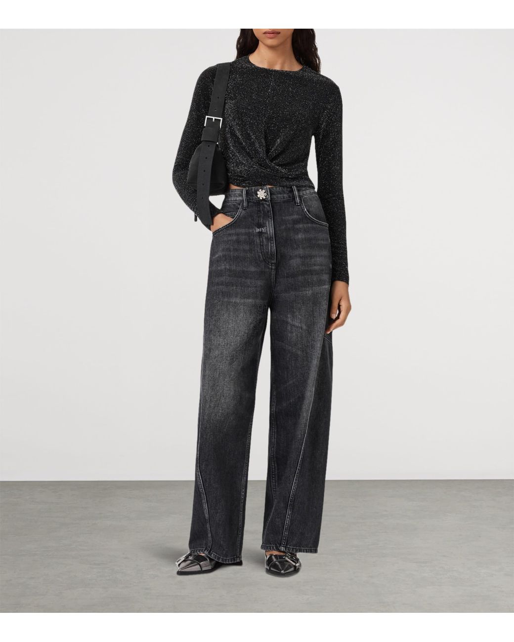 AllSaints Metallic Skylar Crop Top in Black | Lyst