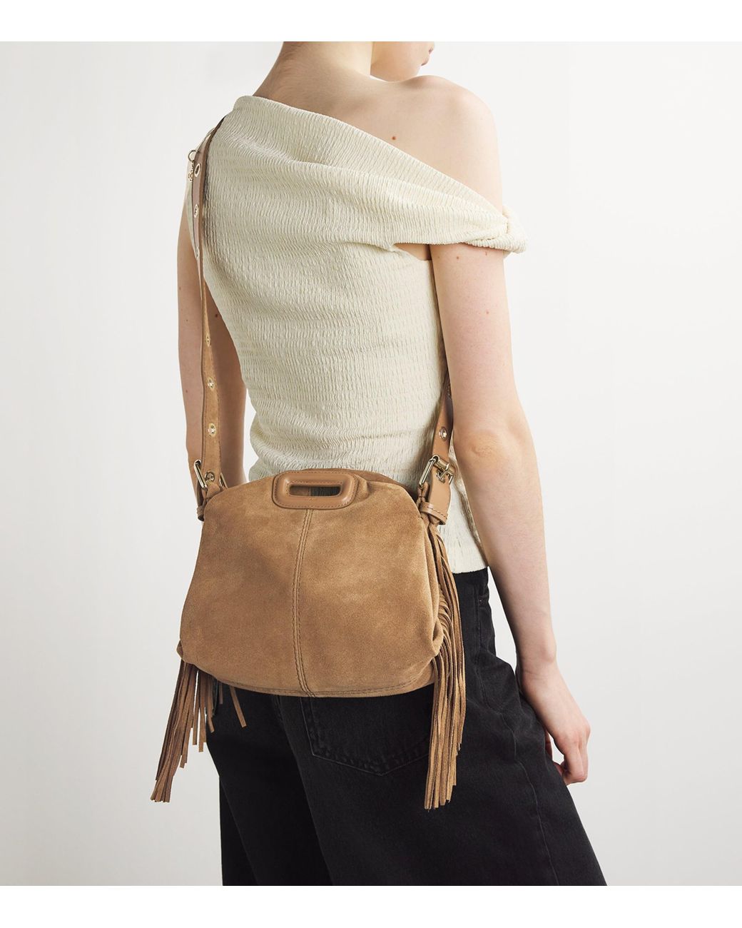 Maje Mini Suede Miss M Shoulder Bag in Natural | Lyst