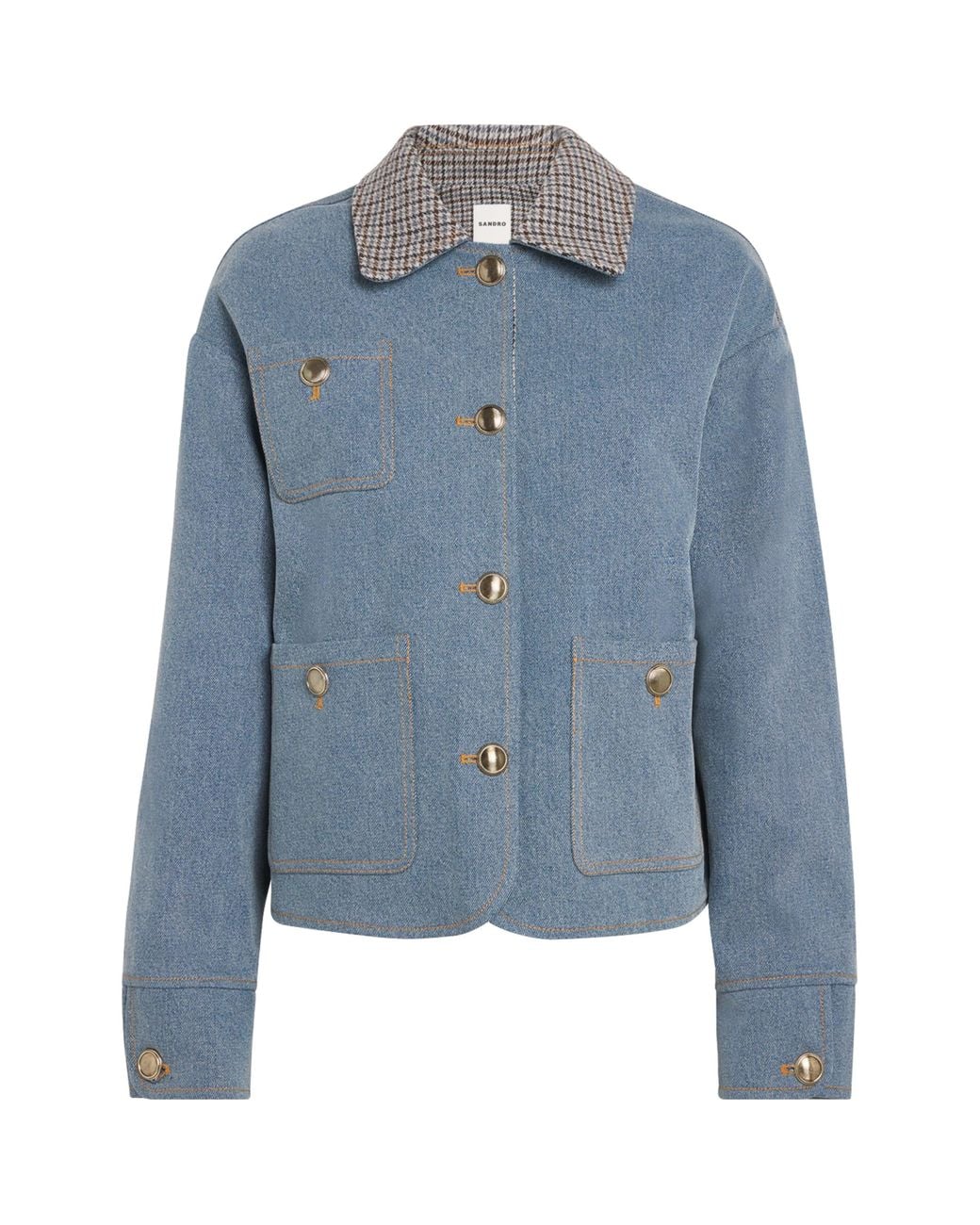 Sandro Denim Check-Trim Jacket in Blue | Lyst