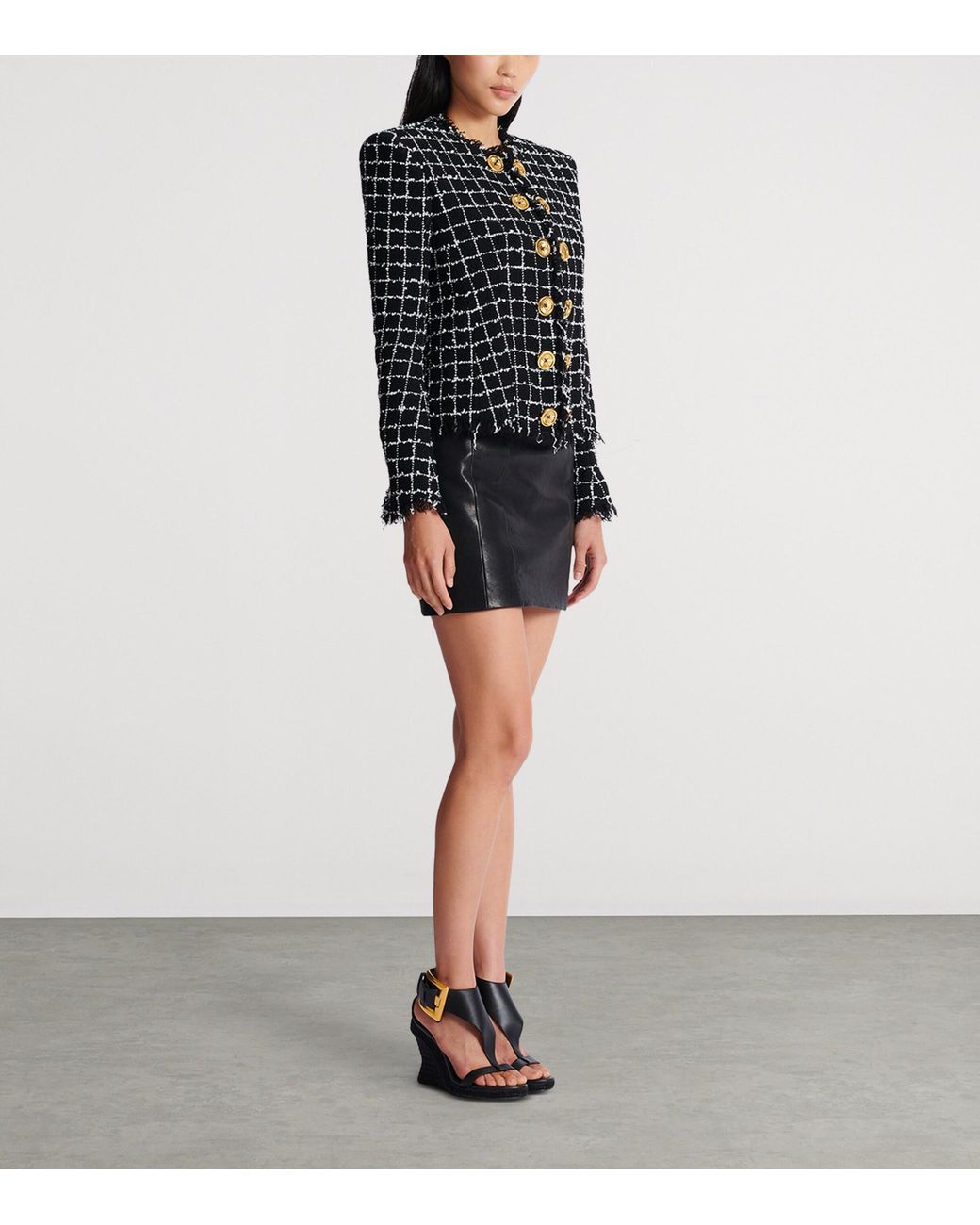 Balmain Cropped Tweed Jacket in Black | Lyst UK