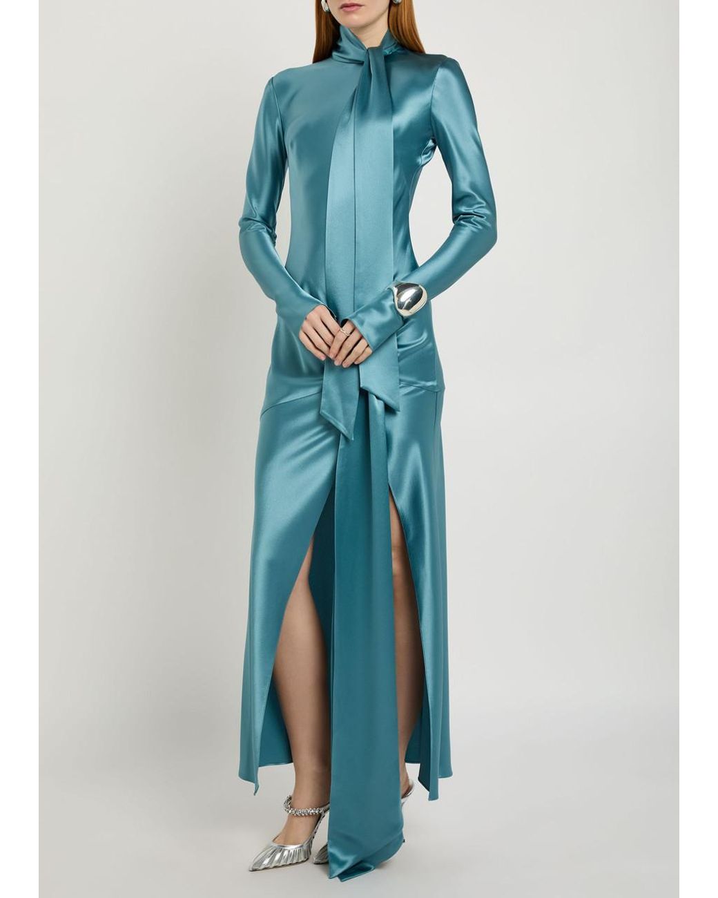 Galvan London Emilie Scarf-Effect Satin Maxi Dress in Blue | Lyst UK