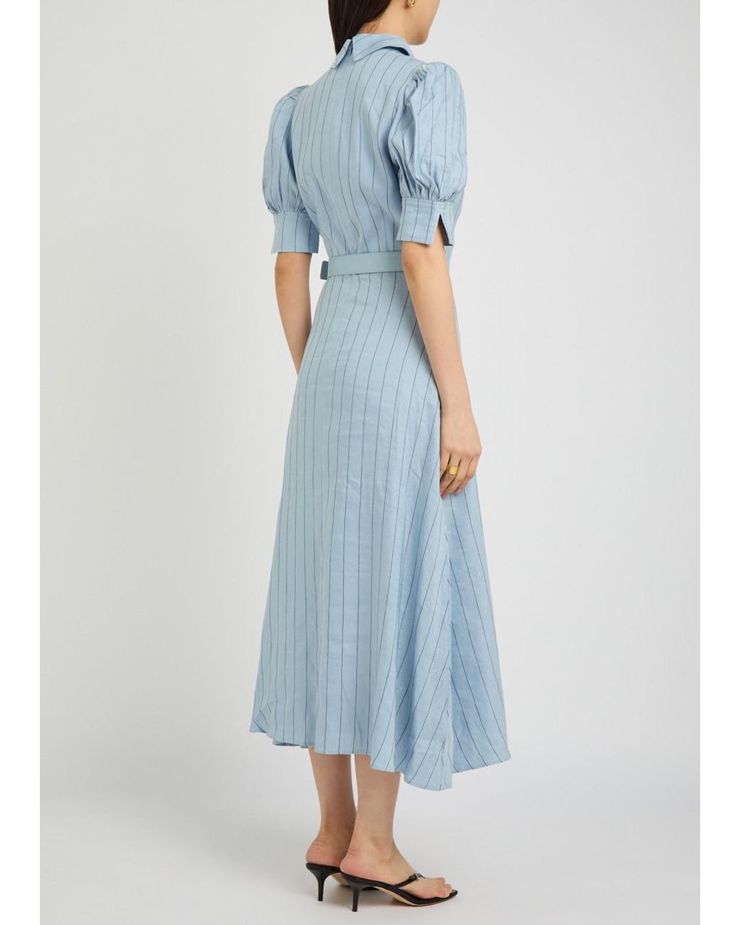 Rebecca Vallance Effie Pinstripe Belted Linen-Blend Midi Dress in Blue ...