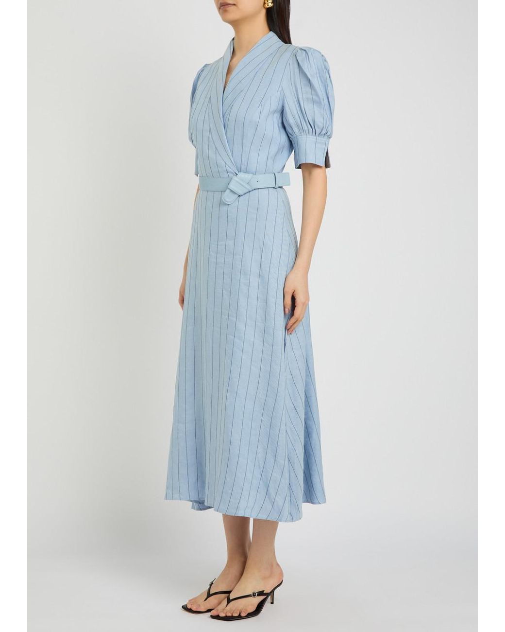 Rebecca Vallance Effie Pinstripe Belted Linen-Blend Midi Dress in Blue ...