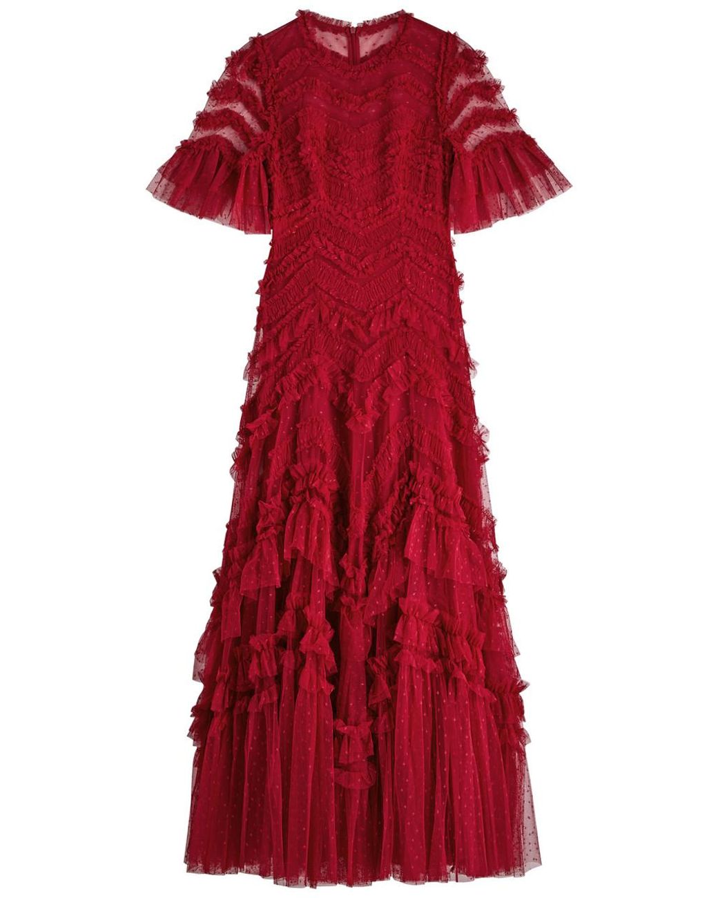 Needle & Thread Elia Ruffled Tulle Gown in Red | Lyst