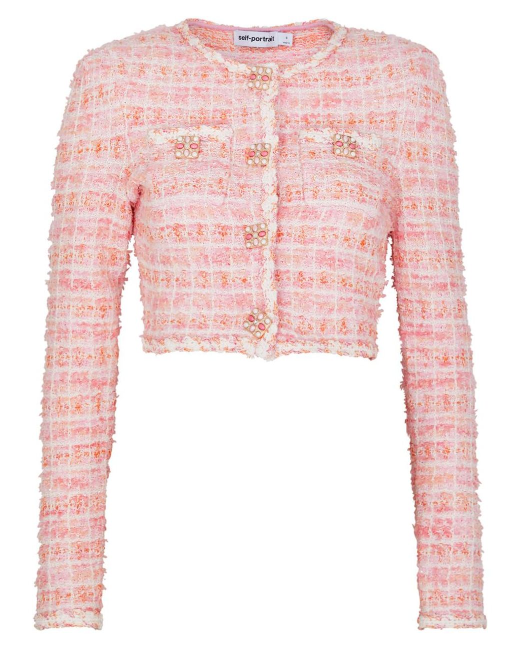 Self-Portrait Checked Bouclé Knitted Cardigan in Pink | Lyst