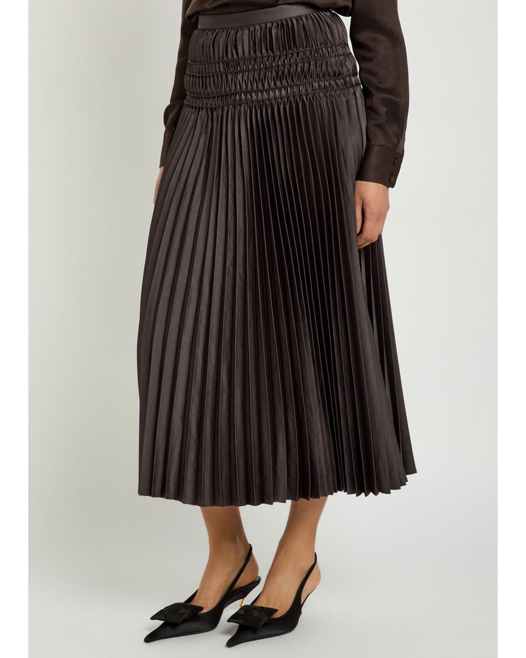 JOSEPH Hayes Plissé Satin Midi Skirt in Brown | Lyst