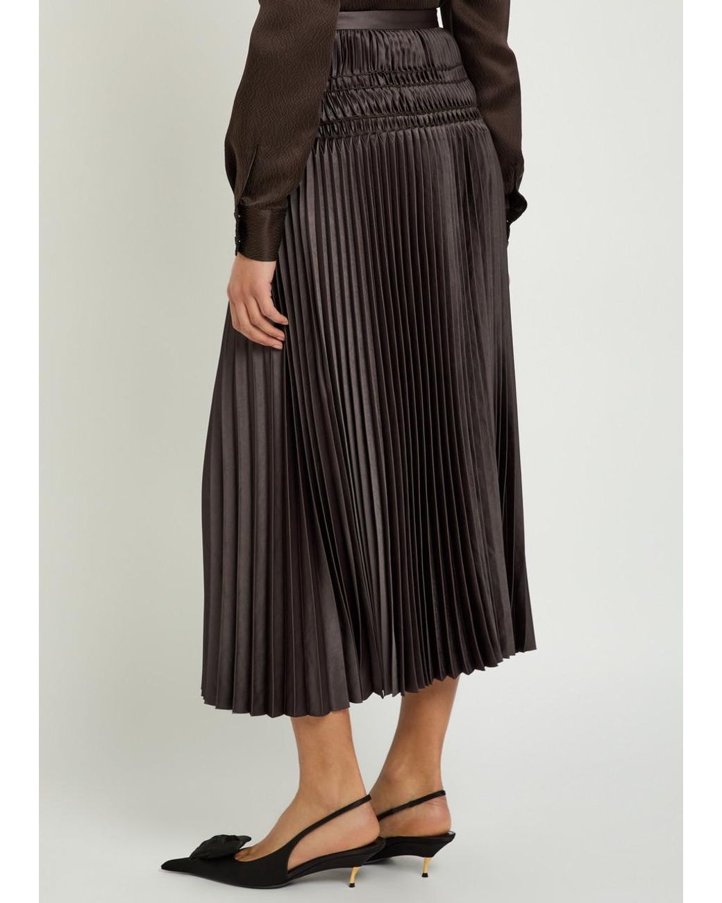 JOSEPH Hayes Plissé Satin Midi Skirt in Brown | Lyst