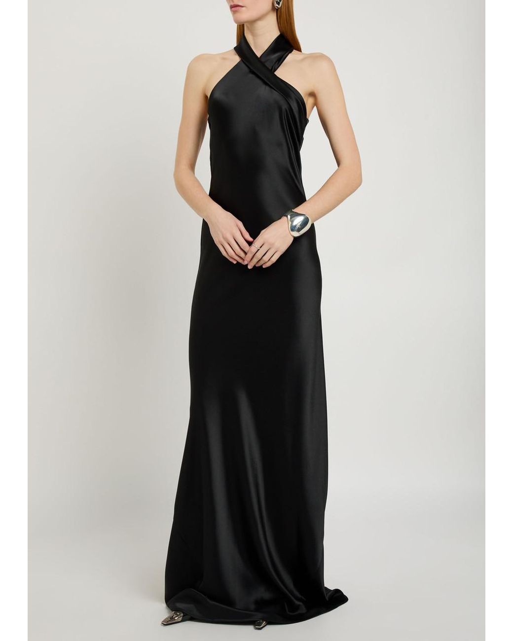 Galvan London Pandora Cascading Satin Gown in Black | Lyst
