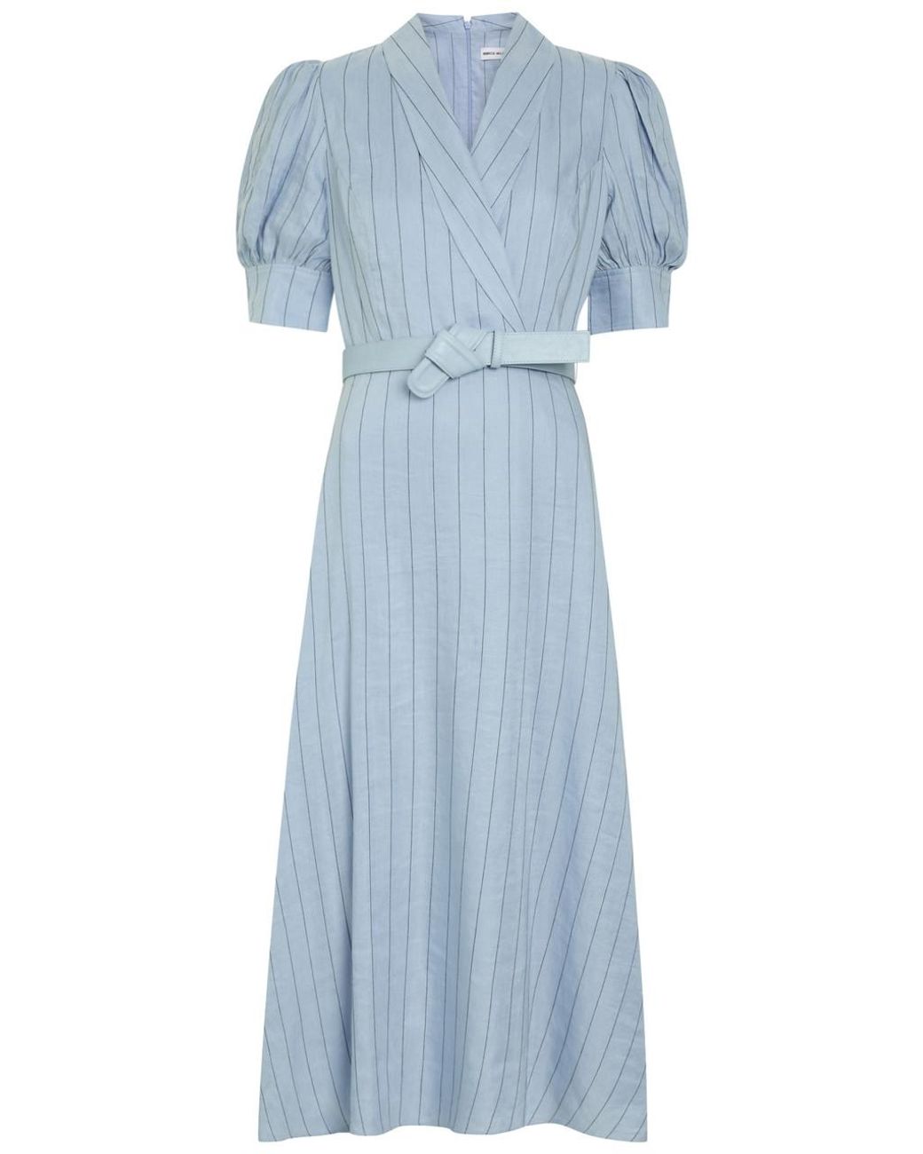 Rebecca Vallance Effie Pinstripe Belted Linen-Blend Midi Dress in Blue ...