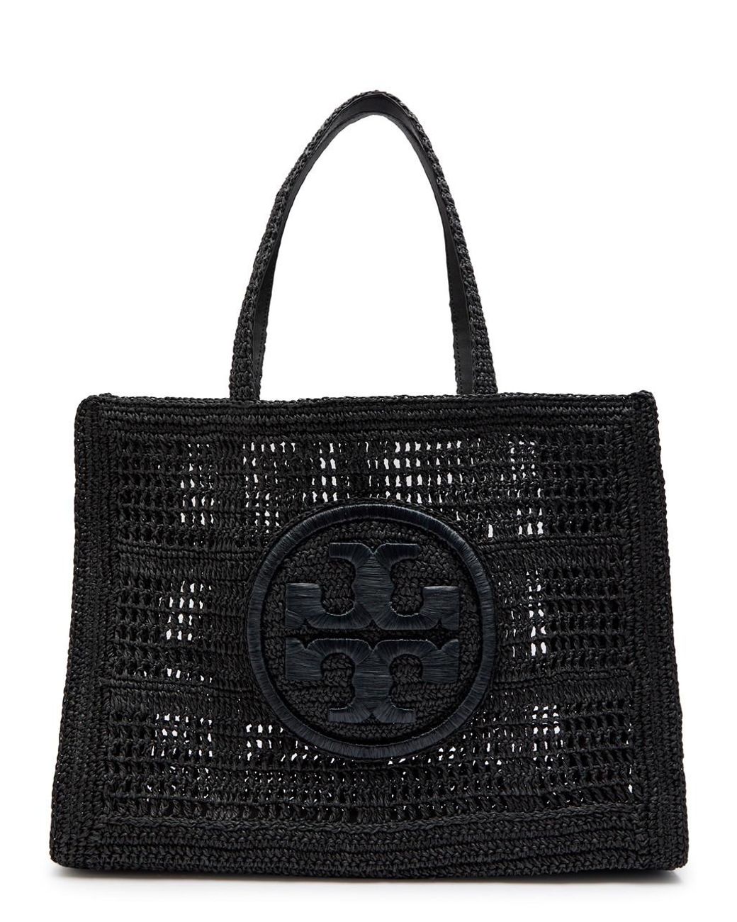 Tory Burch Ella Large Raffia Tote Bag in Black | Lyst