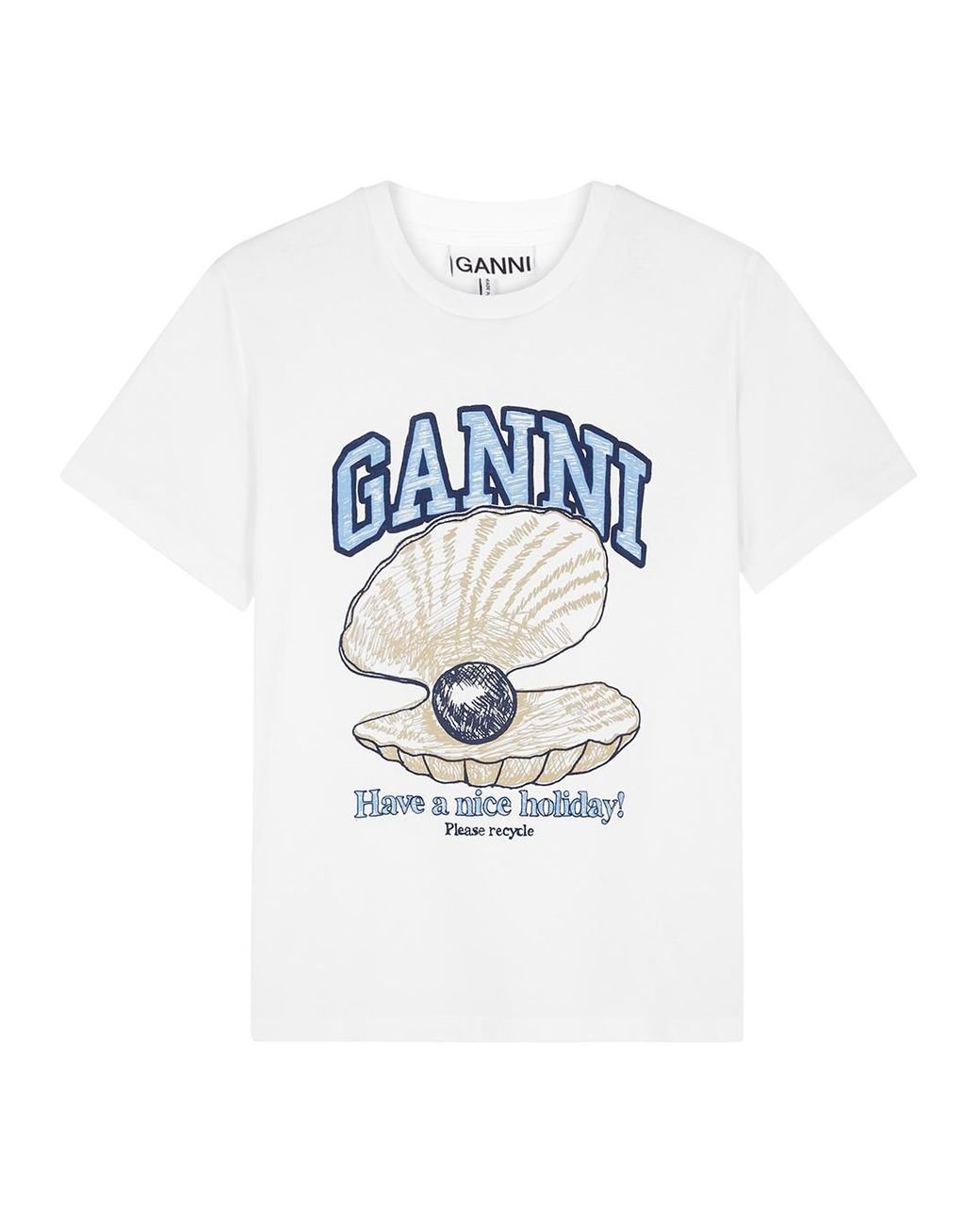 Ganni Oyster-print Logo Cotton T-shirt in White | Lyst