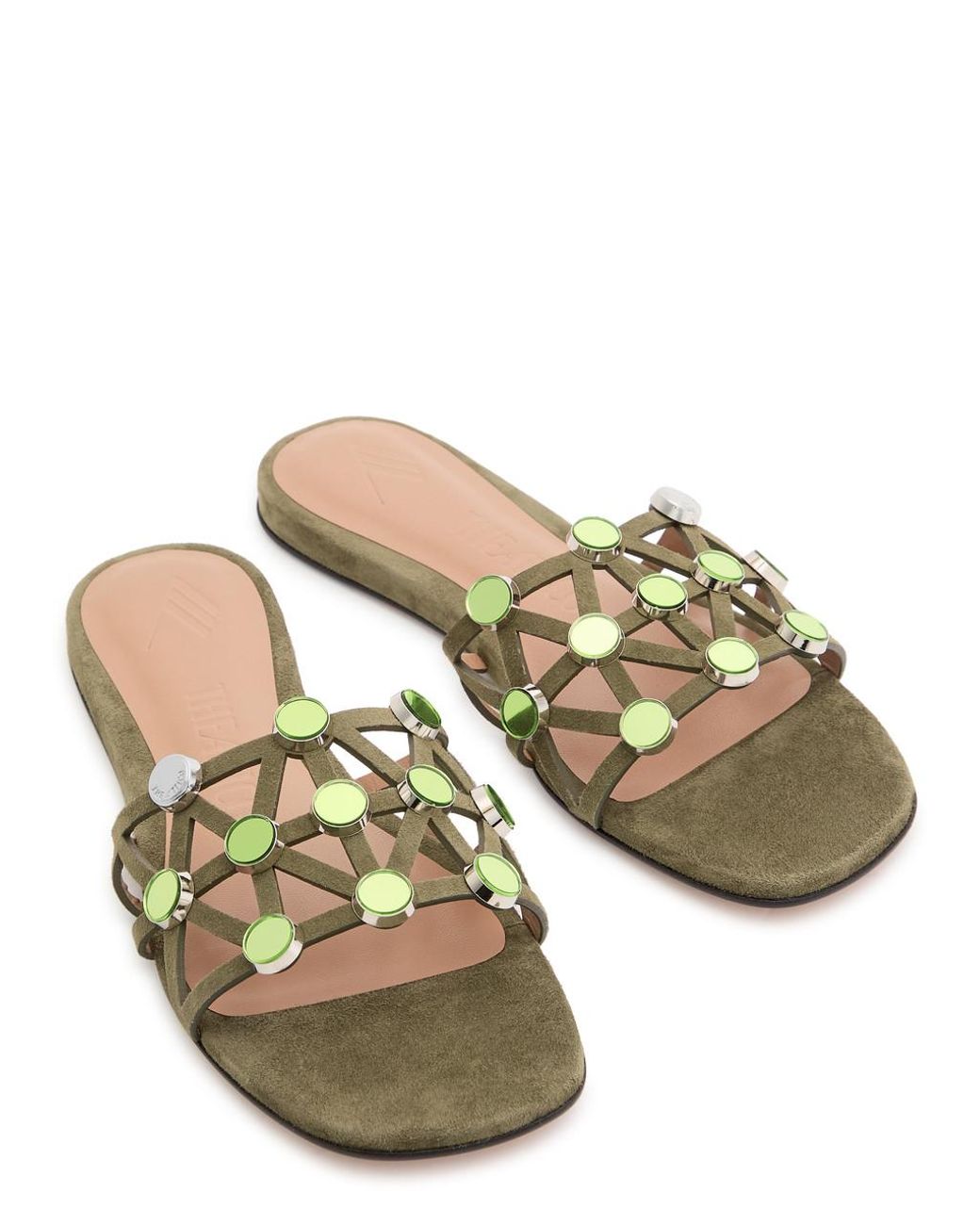 The Attico Grid Embellished Suede Sliders in Green | Lyst