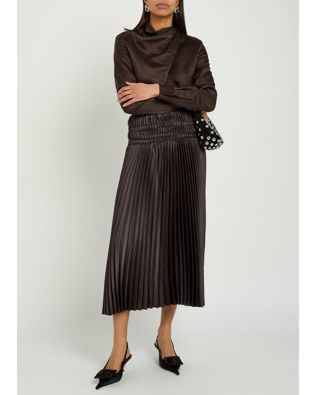 JOSEPH Hayes Plissé Satin Midi Skirt in Brown | Lyst