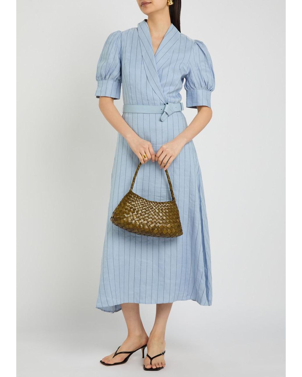 Rebecca Vallance Effie Pinstripe Belted Linen-Blend Midi Dress in Blue ...