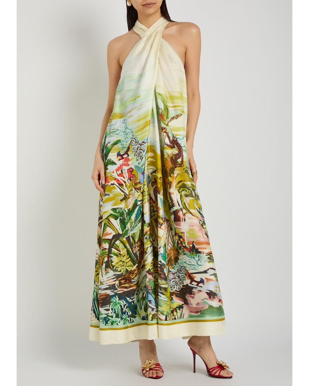 ALÉMAIS Jungle Boogie Printed Halterneck Silk Midi Dress in Yellow ...