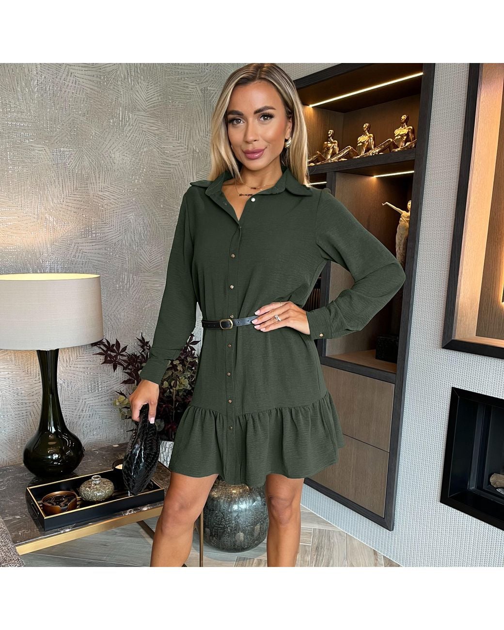 AX Paris Sleeve Frill Hem Shirt Mini Dress in Green | Lyst UK