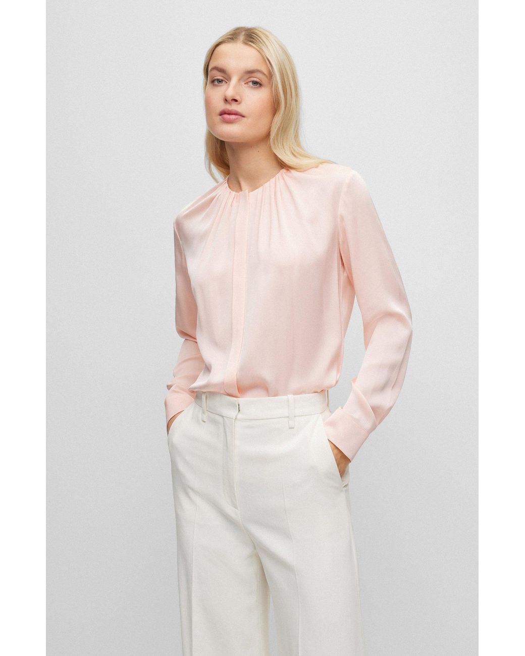 BOSS Ruched-neck Blouse In Stretch-silk Crepe De Chine in Pink | Lyst Australia