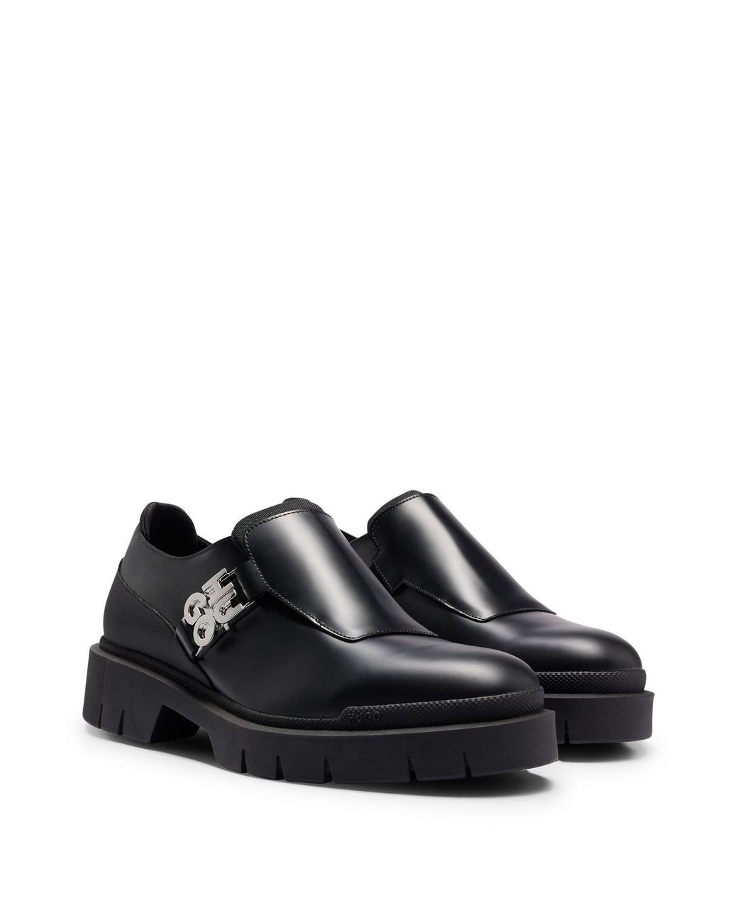 HUGO Stacked-logo Monk Shoes In Brush-off Leather in Black for Men ...