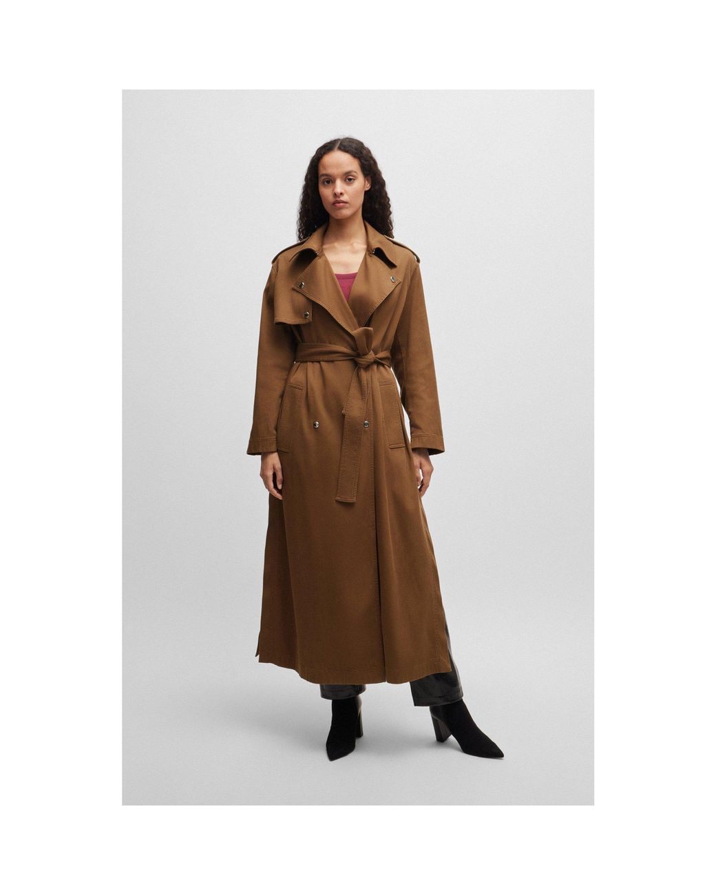 BOSS Belted Trench Coat With Hardware Trims in Brown | Lyst UK