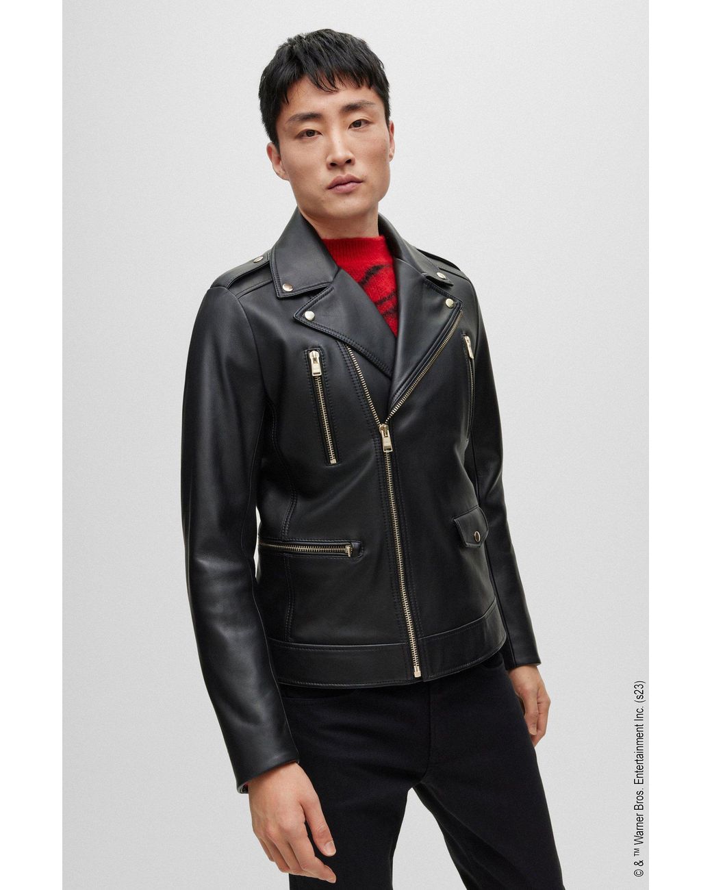 BOSS Looney Tunes X Asymmetric Leather Jacket With Monogram Lining in ...