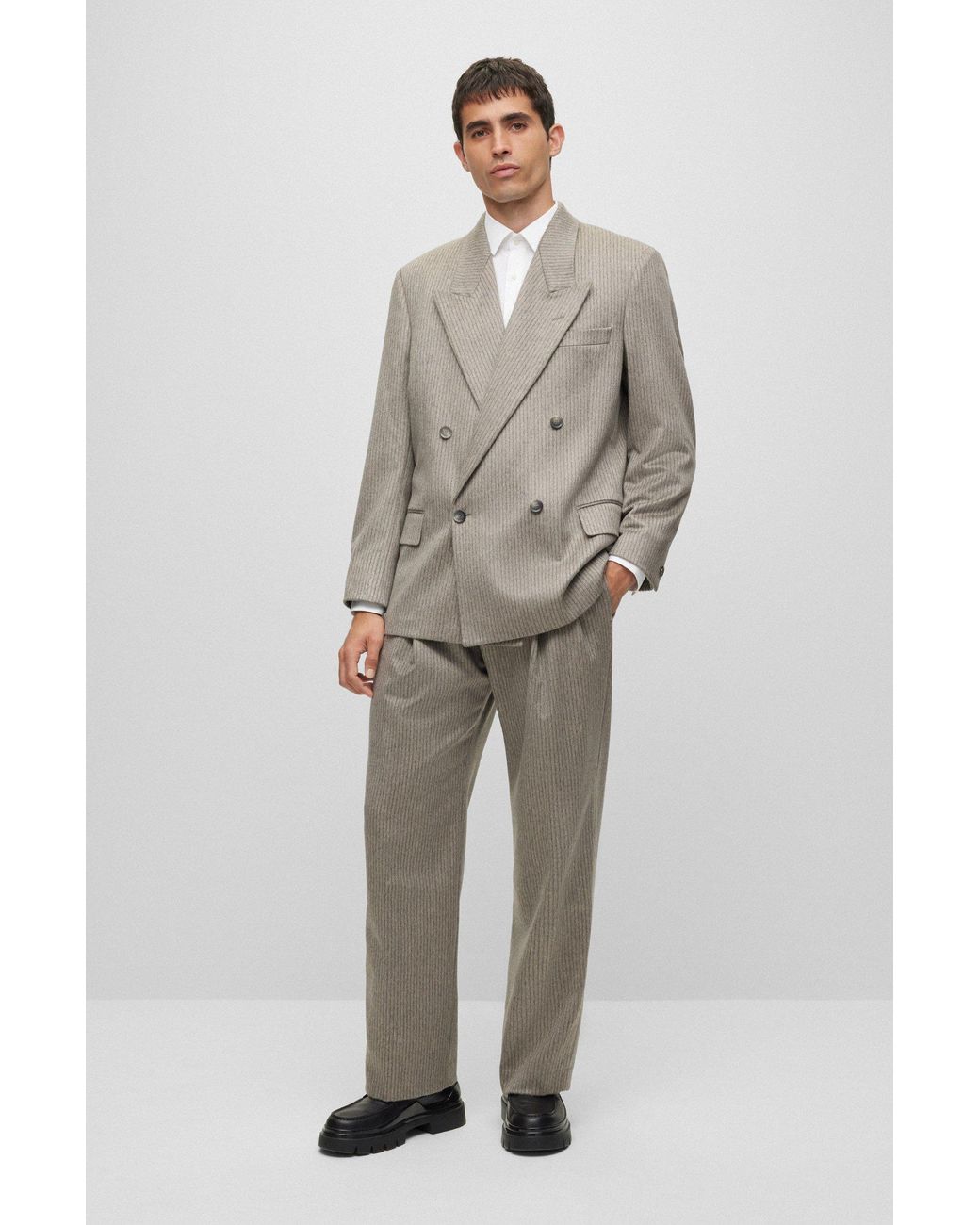 BOSS Double-breasted Suit In Pure Cashmere With Stripe Pattern in Grey ...