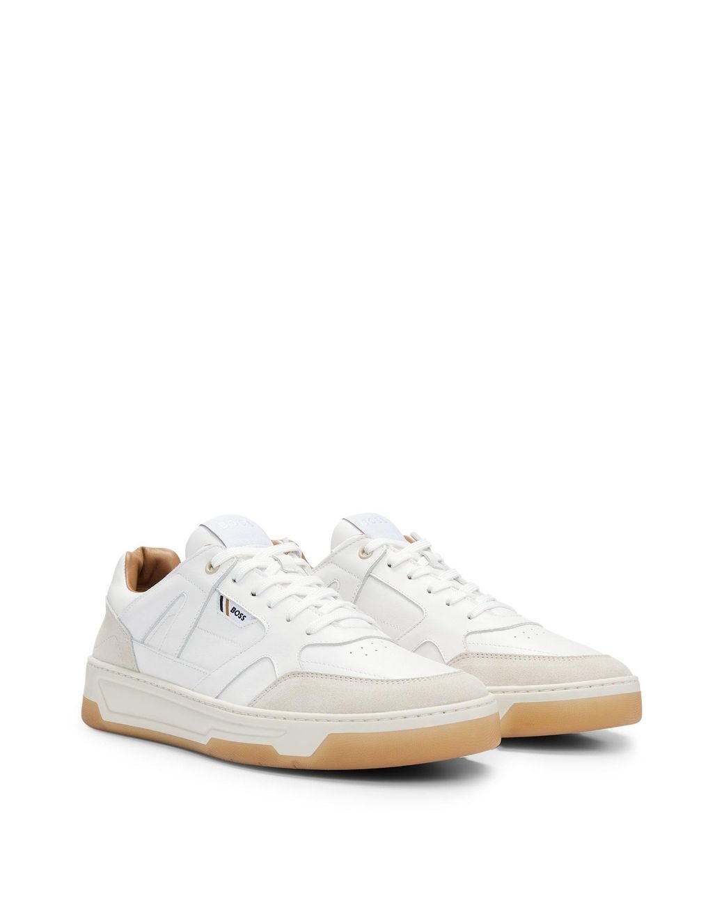 BOSS Leather And Suede Trainers With Signature Stripe And Logo in White ...