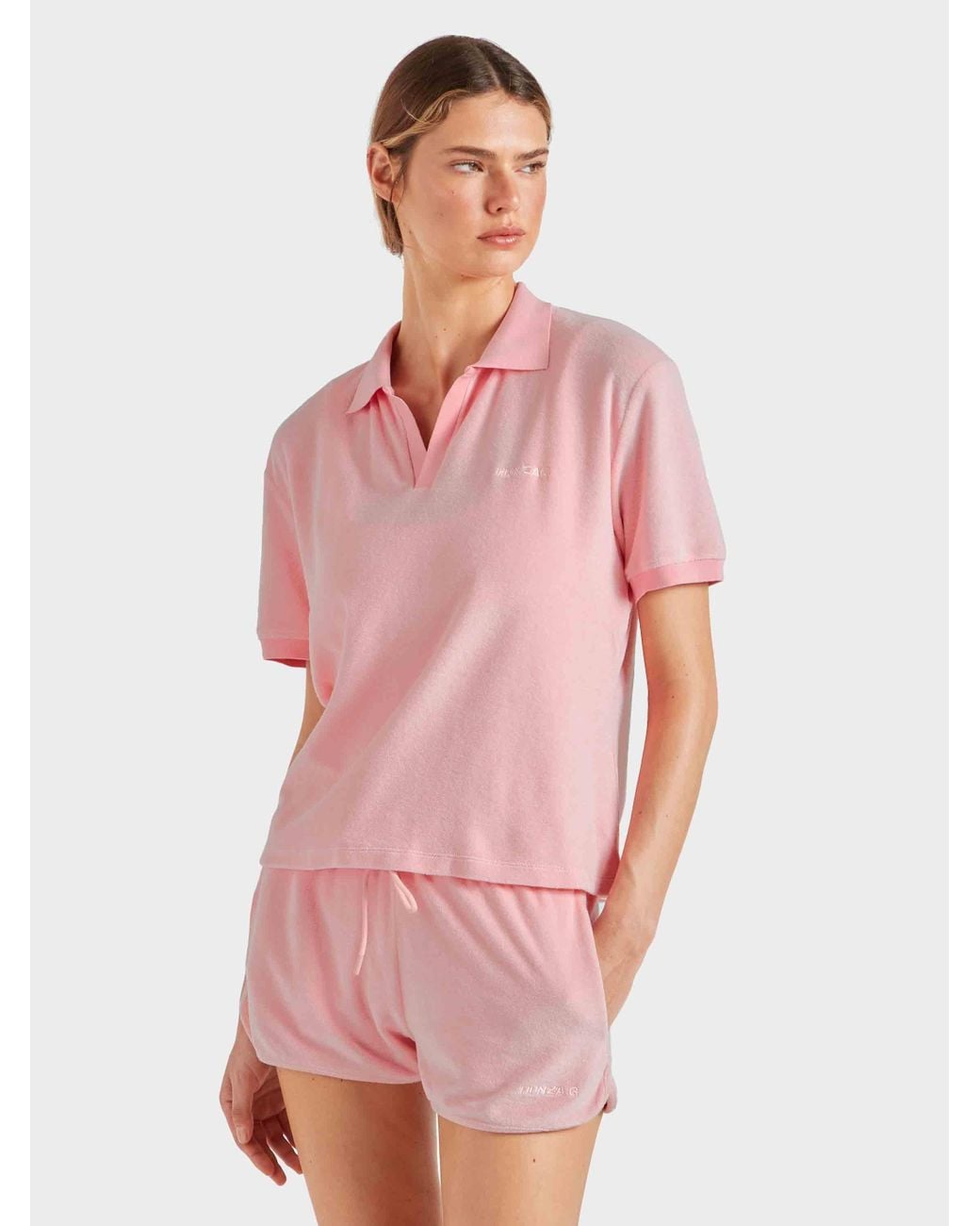 Hunza G Terry Towelling Polo in Pink | Lyst