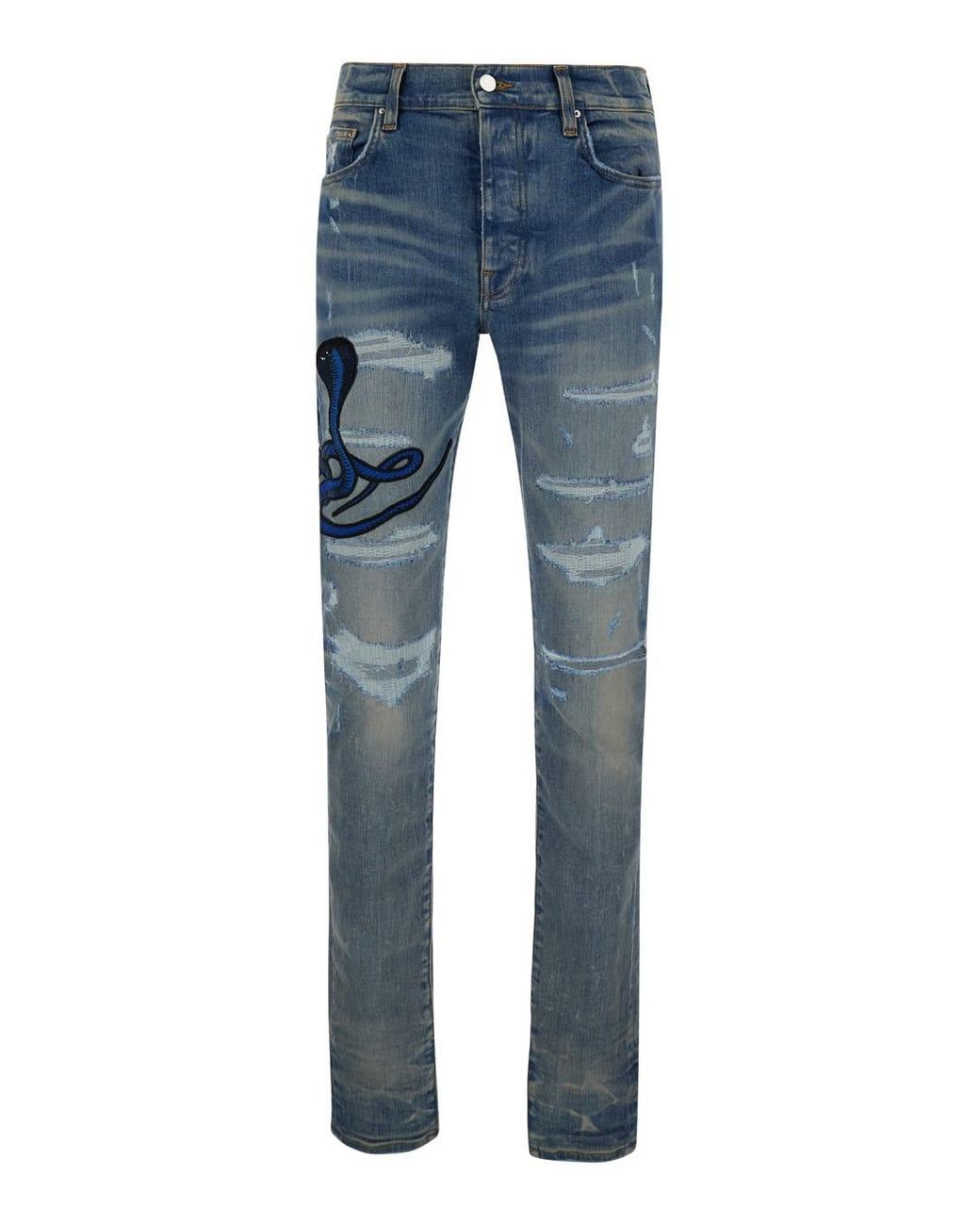 Amiri Light Skinny Jeans With Rips And Snake Patch in Blue for Men | Lyst