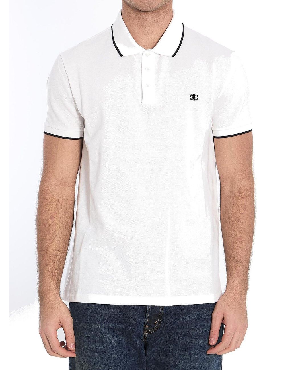 Celine Classic Logo Embroidered Polo Shirt in White for Men | Lyst