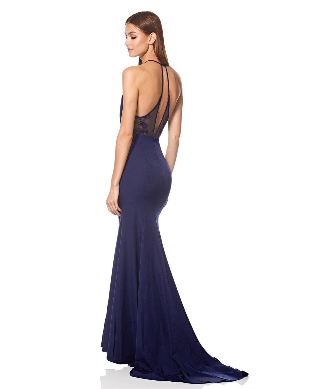 Jarlo Carlin High Neck Fishtail Dress With Open Back Detail in Blue | Lyst