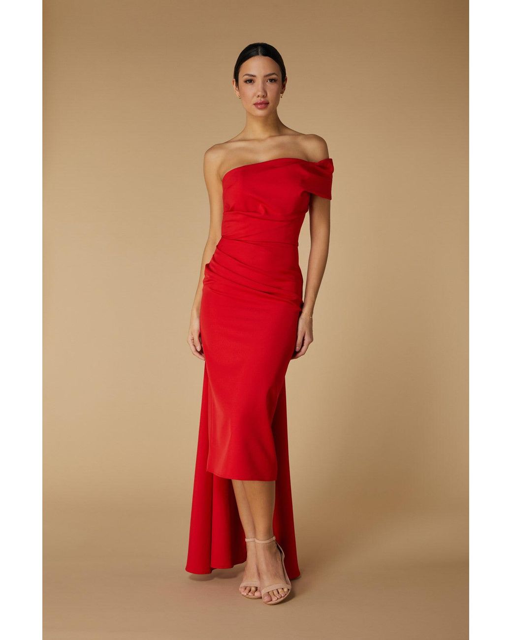 Jarlo Greer Off Shoulder Midi Dress With Drape Detail in Red | Lyst