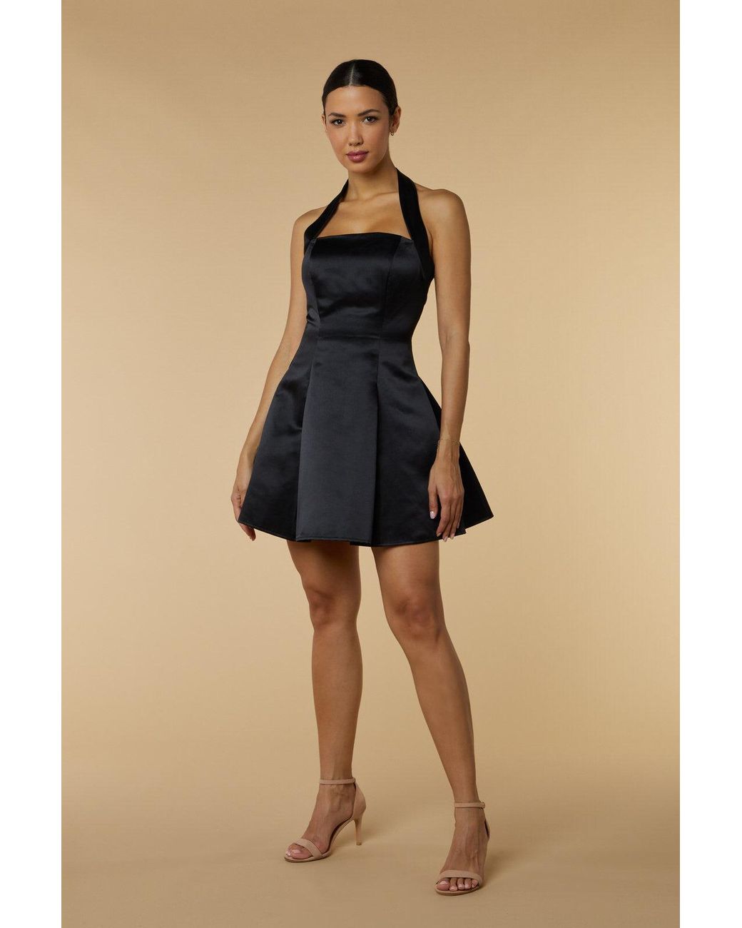 Jarlo Lulu Satin Halter Neck Mini Dress With A-Line Skirt in Natural | Lyst