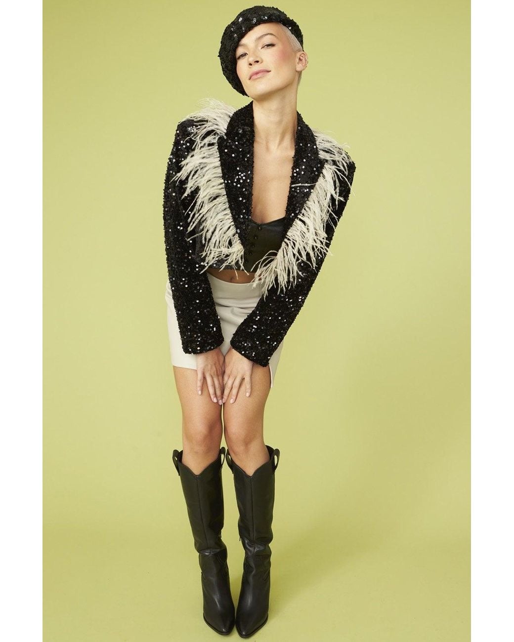 Jayley Sequin And Faux Feather Trim Cropped Blazer in Green | Lyst UK
