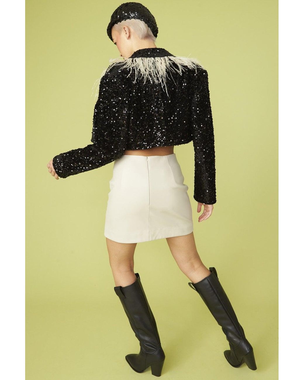Jayley Sequin And Faux Feather Trim Cropped Blazer in Green | Lyst UK