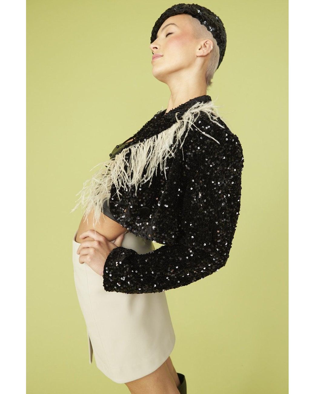 Jayley Sequin And Faux Feather Trim Cropped Blazer in Green | Lyst UK