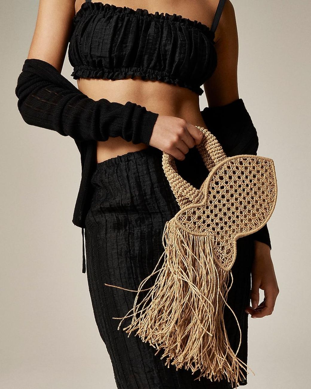 J.Crew Handknotted Raffia Fish Bag With Straw Fringe in Black | Lyst