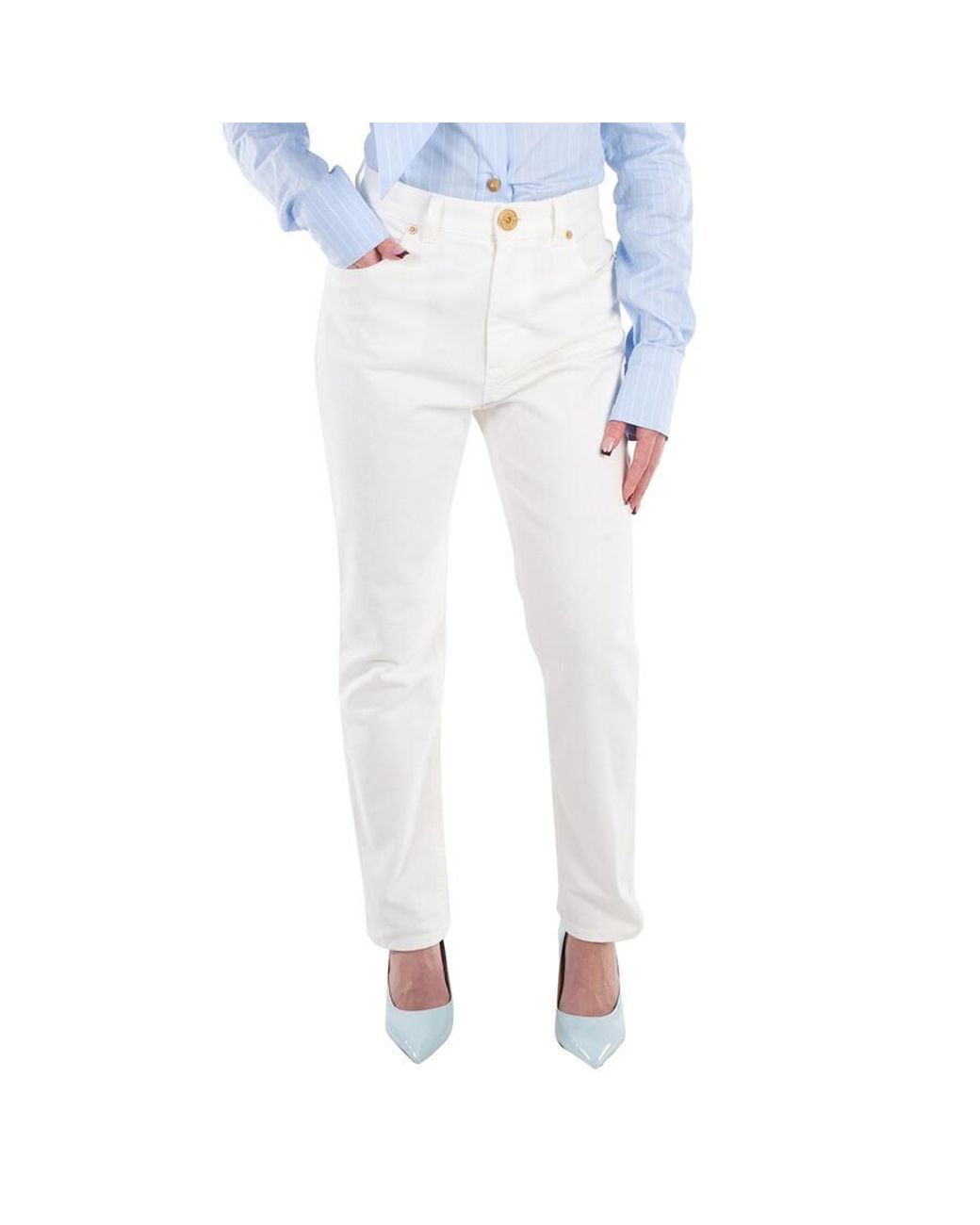 Balmain High Waist Slim Fit Jeans in White | Lyst