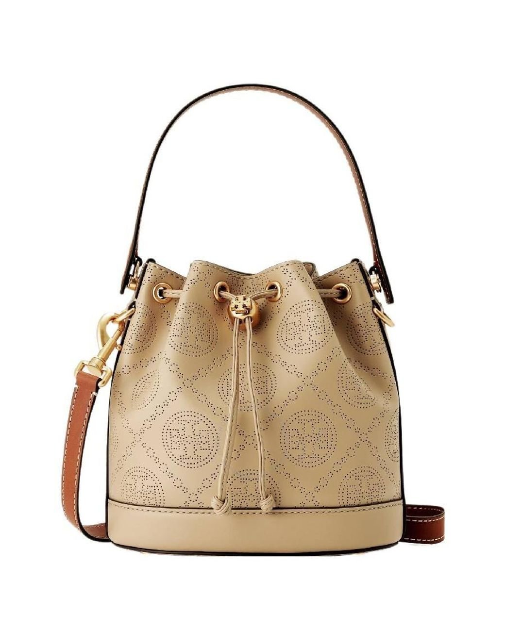 Tory Burch Monogram Drawstring Perforated Bucket Bag in Natural | Lyst